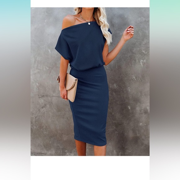 Dresses | Brand New Navy Blue Fitted Dress Can Be Worn On Or Off ...
